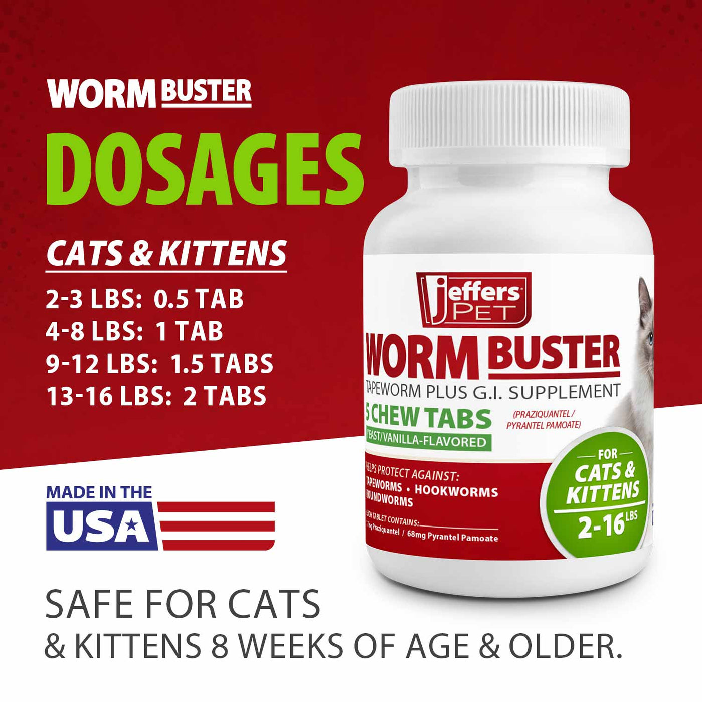 Jeffers Worm Buster Cat Dewormer Flavored Tablets w/ Praziquantel ...