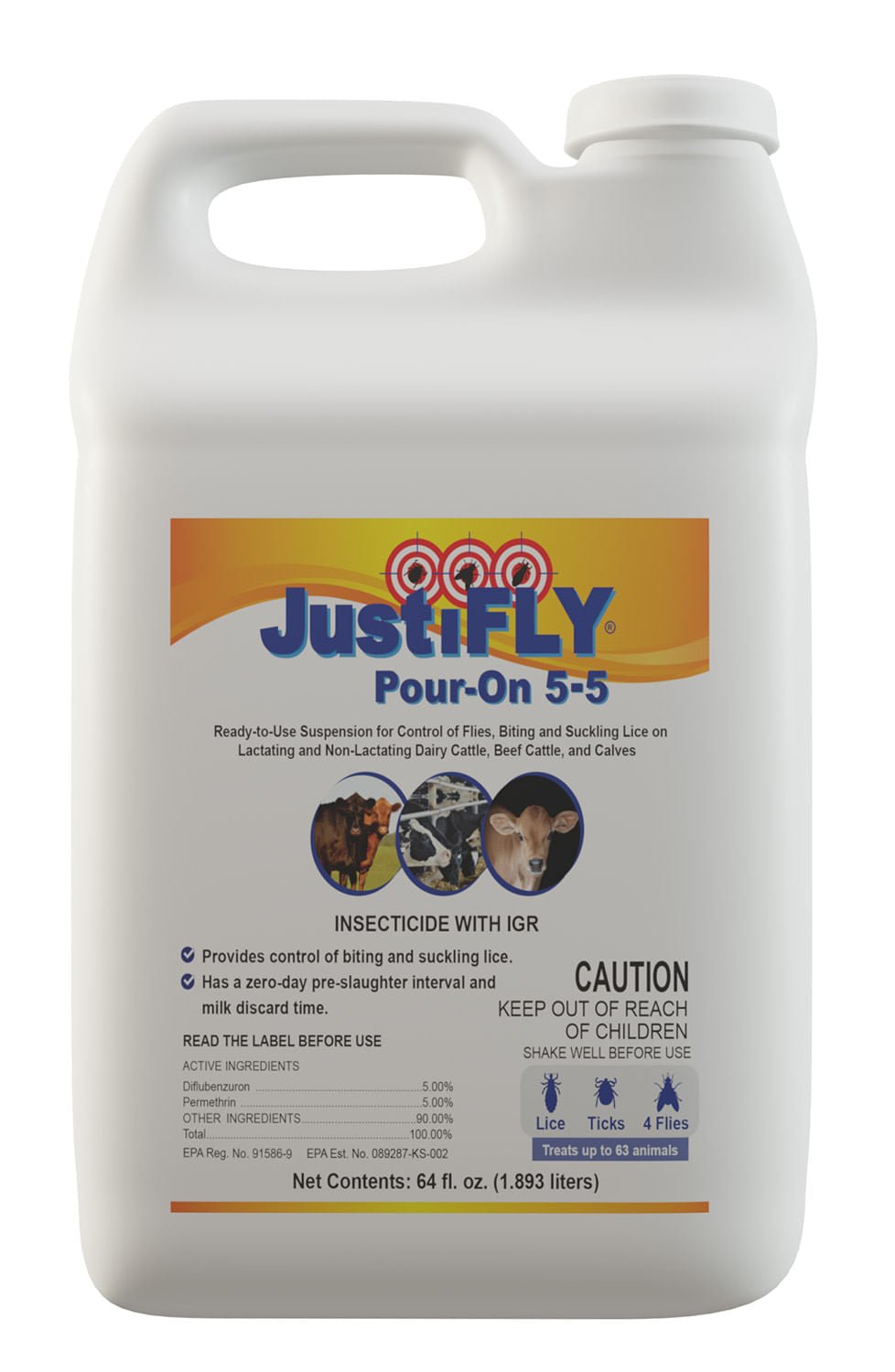 JustiFly Pour-On 5/5 Insecticide with IGR, 0.5 gallon — Pet Supplies 4 Less